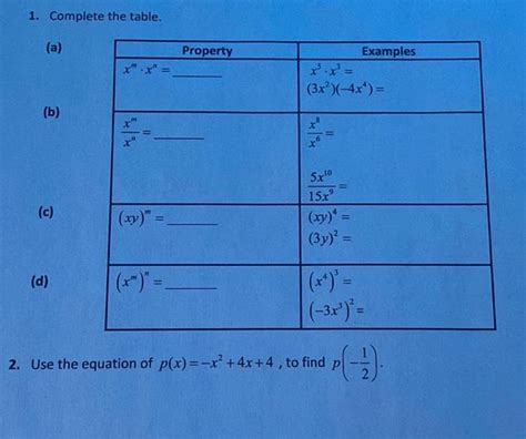 solved 1 complete the table a b c d 2 use the