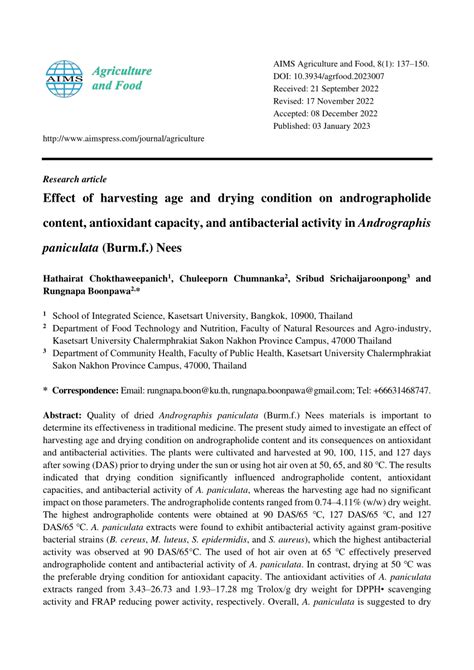 Pdf Effect Of Harvesting Age And Drying Condition On Andrographolide