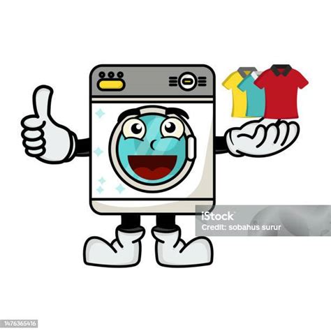 일러스트 세탁기 마스코트 만화 캐릭터 그림 플랫 스타일 세탁기 제품 세탁소 인쇄 디자인 어린이 책 등등의 승진을 위해 적당한 디자인 템플리트 벡터 가사 집안일에 대한 스톡