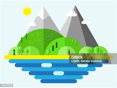 여름 벡터 일러스트 웹 디자인 모바일 디자인 배너 전단지 또는 엽서 현대적인 평면 디자인 개념 풍경 바다 비치 언덕 및 산 0