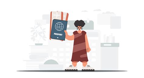 홍수에 휩싸인 아가씨는 비자를 들고 손에 든 티켓을 봅니다 휴식과 여행의 개념 트렌디한 스타일 벡터 일러스트레이션 개념에 대한 스톡 벡터 아트 및 기타 이미지 Istock