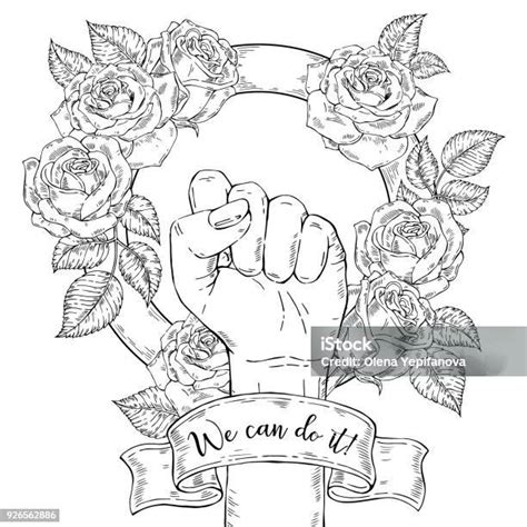 손으로 그린 배경 벡터 그림을 스케치 인쇄 광고 포스터 포스터 웹 디자인에 대 한 템플릿 여성 손 주먹을 제기입니다 페미니즘의 상징입니다 우리는 그것을 할 수 있다 빈티지