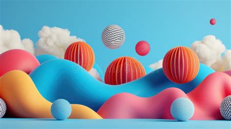 Colorful Abstract Landscape With Spherical Floating Elements On Blue