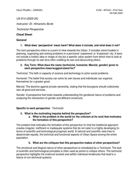 23m0261 Technicist Perspective Cheat Sheet Pdf Methodology