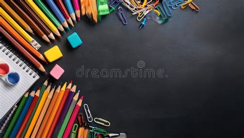 A Vibrant Array Of School Supplies Including Pencils Notebooks And Colorful Crafts On A Black