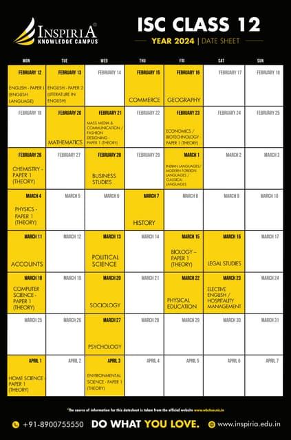 Isc Class 12 Datesheet 2024 Pdf