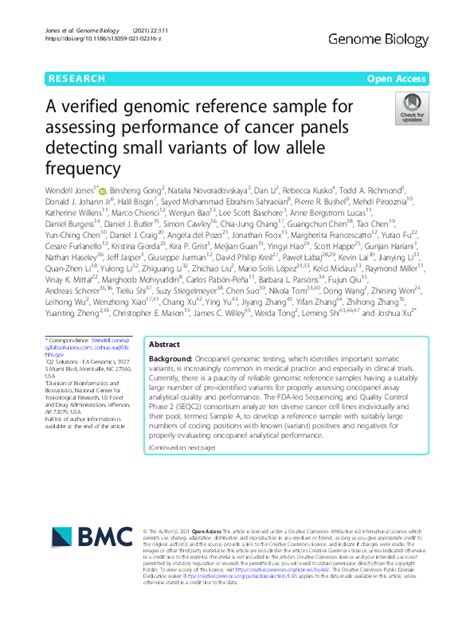 Pdf A Verified Genomic Reference Sample For Assessing Performance Of Cancer Panels Detecting