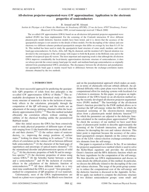 Pdf All Electron Projector Augmented Wave Gw Approximation Application To The Electronic