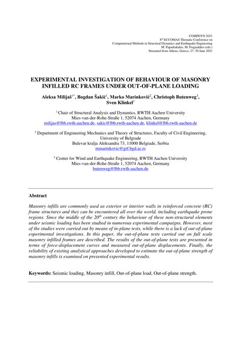 Pdf Experimental Investigation Of Behaviour Of Masonry Infilled Rc Frames Under Out Of Plane