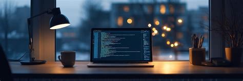 Laptop With Programming Code On Screen In A Modern Office With Night