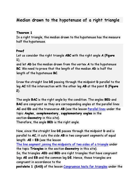 Median Drawn To The Hypotenuse Of A Right Triangle Pdf Triangle Elementary Geometry
