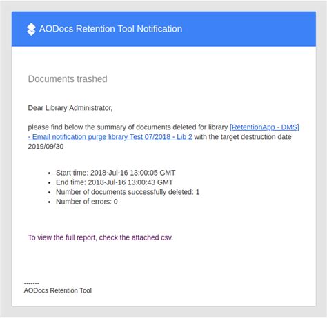 Notifications Sent By The Aodocs Retention Module Aodocs Knowledge Base