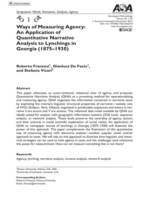 Franzosi Et Al 2012 Ways Of Measuring Agency An Application Of Quantitative Narrative Analysis