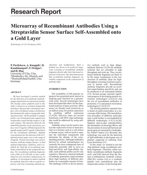 Pdf Microarray Of Recombinant Antibodies Using A Streptavidin Sensor Surface Self Assembled