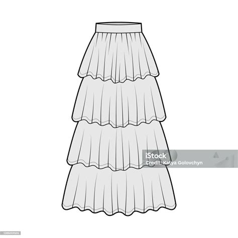 스커트 4 겹쳐 진상 맥시 기술 패션 일러스트 플로어 발목 길이 실루엣 원형 충만 플랫 0명에 대한 스톡 벡터 아트 및 기타 이미지 0명 검은색 공란 Istock