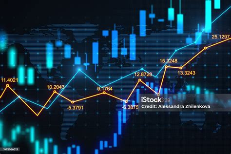 세계 시장 성장 개념으로 디지털 거래 차트 그래프 촛대 및 세계 지도가 있는 어두운 배경에 지표가 상승합니다 3d 렌더링 증권 시장과 거래소에 대한 스톡 사진 및 기타