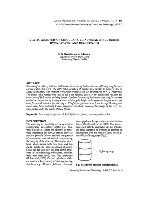 Static Analysis Of Circular Cylindrical Shell Under Hydrostatic And Ring Forces Pdf Bending