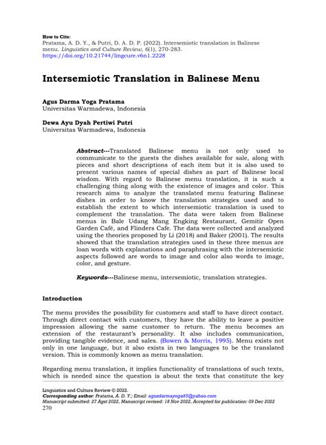 Pdf Intersemiotic Translation In Balinese Menu