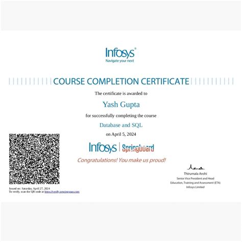 I Have Earned My Database And Sql Certification From Infosys Springboard Strengthening My