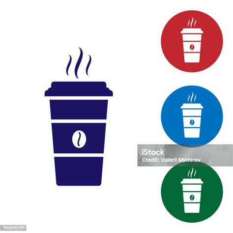 블루 커피 컵 아이콘 흰색 배경에 고립입니다 뜨거운 커피와 일회용 커피 컵 원 버튼의 색상 아이콘을 설정 합니다 벡터 일러스트 0명에 대한 스톡 벡터 아트 및 기타 이미지