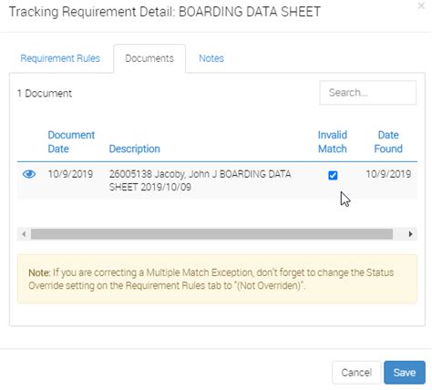 Resolving An Invalid Document Match For A Tracking Exception Identifi Support