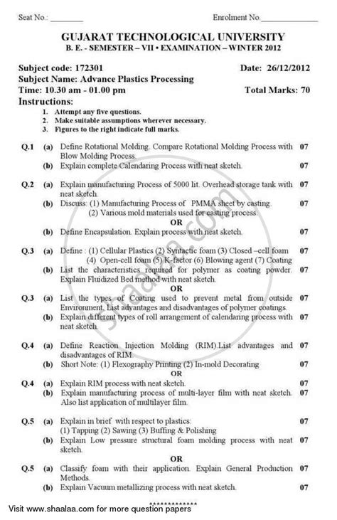 Advanced Plastics Processing 2012 2013 Bachelor Of Engineering In