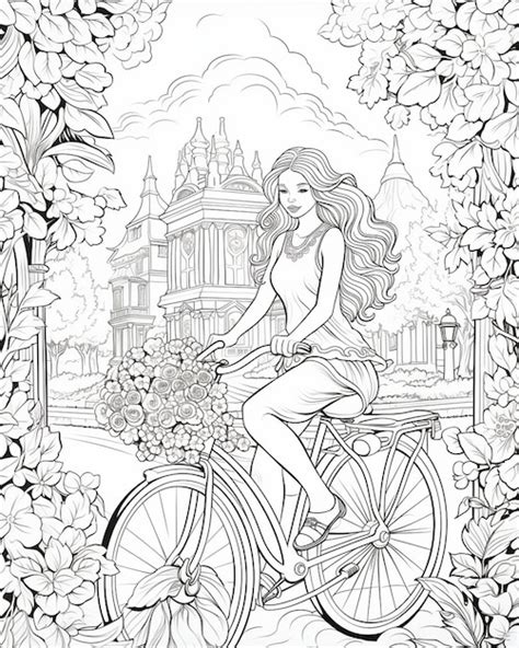 Girl Riding Bicycle Coloring Page Premium Ai Generated Image