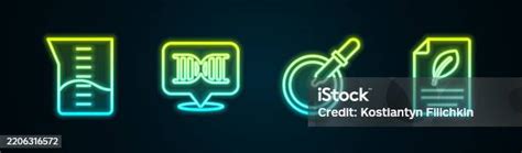 세트 라인 실험실용 유리 제품 또는 비커 Dna 기호 피펫이 있는 페트리 접시 및 에코 종이 잎 빛나는 네온 아이콘입니다 벡터 Dna에 대한 스톡 벡터 아트 및 기타 이미지