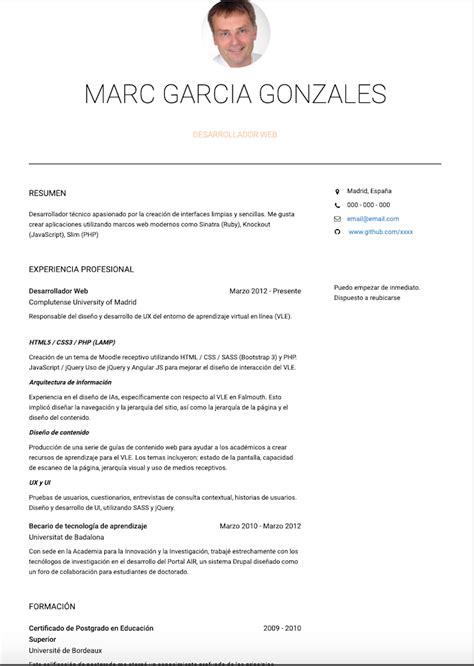 Ejemplos Cv Desarrollador Web Y Muestras Cv En Directo