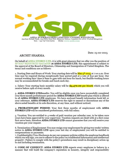 Asda Stores Ltd Appointment Letter Pdf Employment Travel Visa