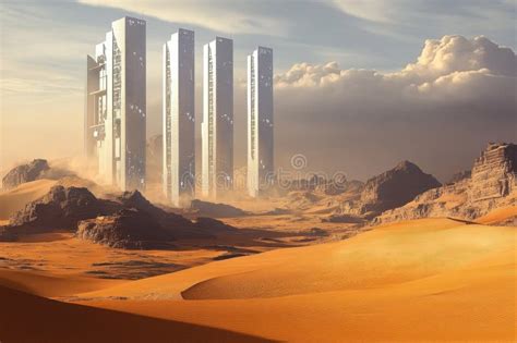 Futuristic Structures Rise From The Desert Landscape Under A Dramatic