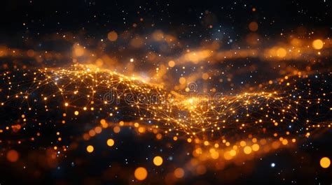 Abstract Digital Network Wave With Golden Particles And Bokeh Effect