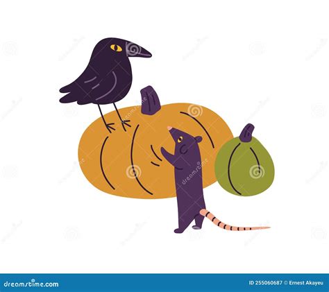 Halloween Holiday Pumpkins Raven And Mouse Cute Funny And Creepy