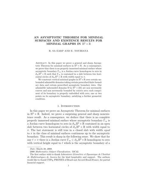 Pdf An Asymptotic Theorem For Minimal Surfaces And Existence Results For Minimal Graphs In ℍ2 × ℝ