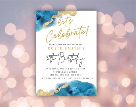 Lets Celebrate Birthday Party Editable Invitation Blue And Gold For Men For Ladies 30th 40th