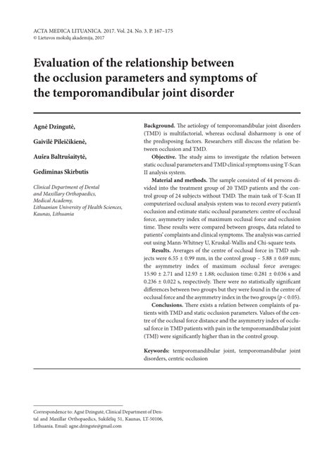 Pdf Evaluation Of The Relationship Between The Occlusion Parameters