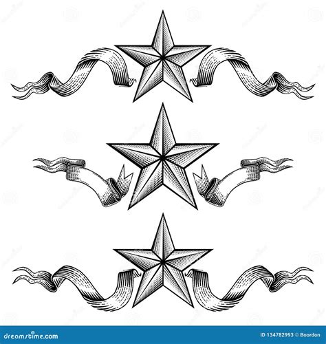 Three Different Banners With Star In The Middle Of Ribbons Isolated On White Vintage Engraving