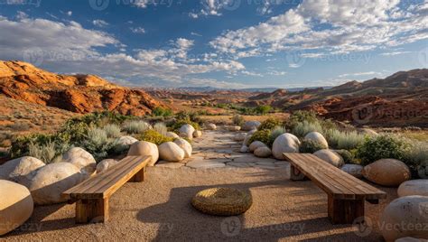 Desert Patio Overlooking Red Rock Canyon Vast Landscape Sunny Day