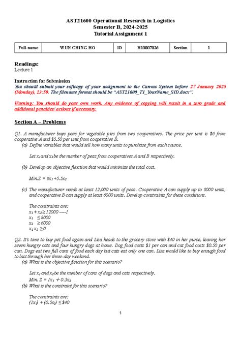 Ast21600 Operational Research In Logistics Tutorial Assignment 1