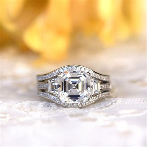 Asscher Curve Three Ring Bridal Set Art Deco Wedding Jewelry Set Unique