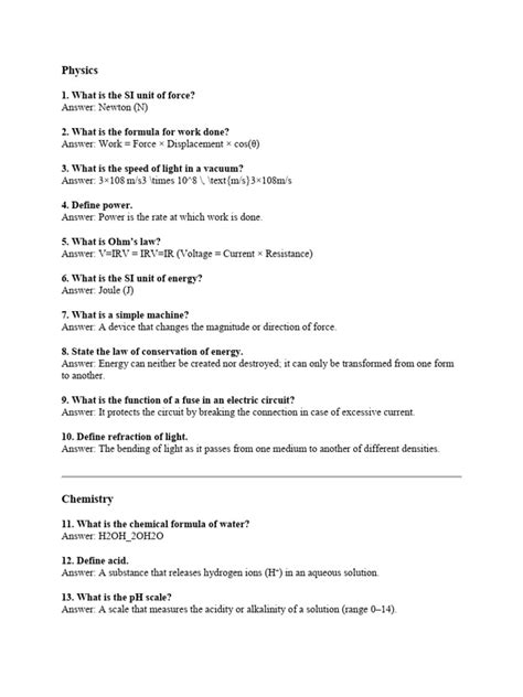 Set 1 Science Questions For Science Class 10 Pdf Chemistry Atoms
