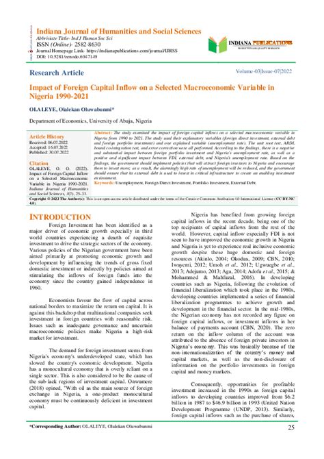 Pdf Impact Of Foreign Capital Inflow On A Selected Macroeconomic Variable In Nigeria 1990 2021