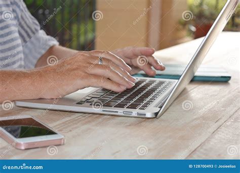 Woman Using Technology A Laptop Computer Close Up Of Hands Stock Image Image Of Touch