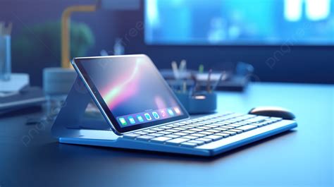 디지털 태블릿 및 키보드 덮개 모형이 있는 파란색 테이블의 3d 렌더링 장치 태블릿 Pc 노트북 컴퓨터 배경 일러스트 및 사진 무료 다운로드 Pngtree