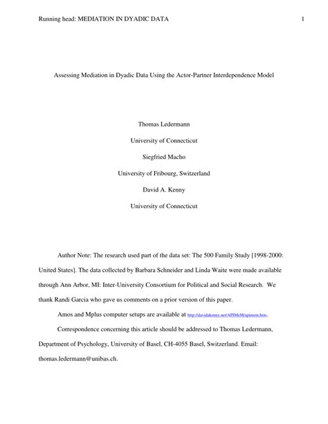 Pdf Assessing Mediation In Dyadic Data Using The Actor Partner Interdependence Model