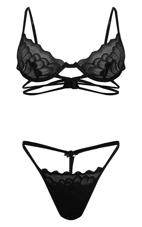 Black Lace Scallop Edge Lingerie Set Lingerie And Nightwear Prettylittlething