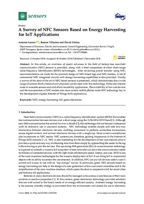 Pdf A Survey Of Nfc Sensors Based On Energy Harvesting For Iot