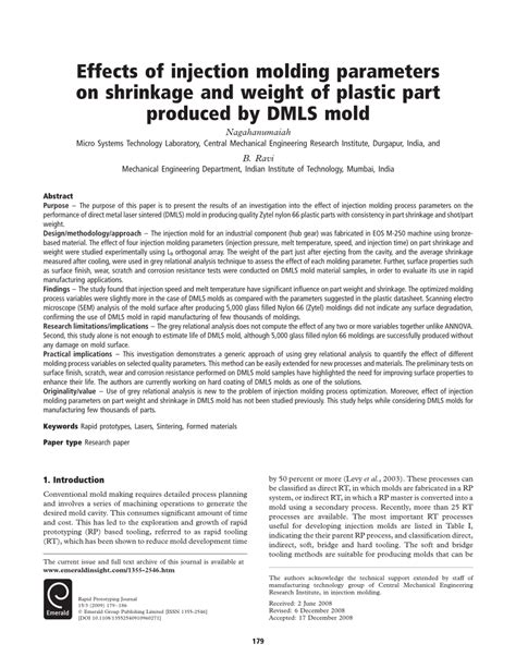 Pdf Effects Of Injection Molding Parameters On Shrinkage And Weight Of Plastic Part Produced