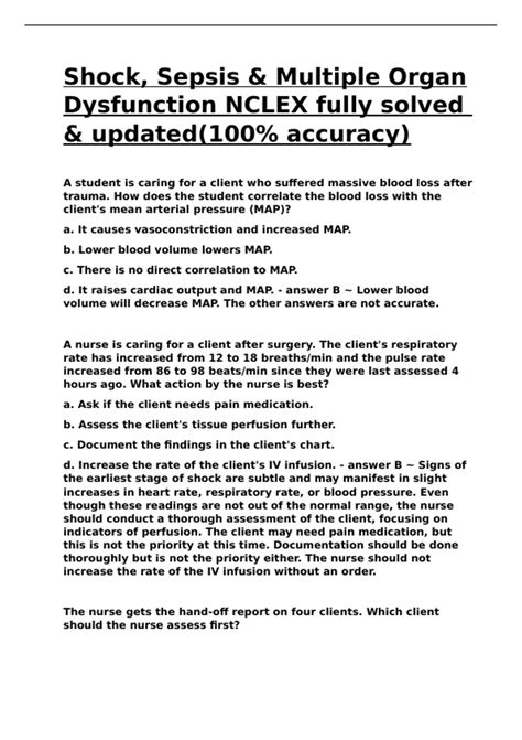 Shock Sepsis And Multiple Organ Dysfunction Nclex Fully Solved And Updated 100 Accuracy Shock