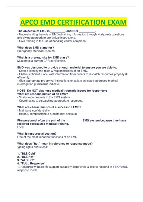 Apco Emd Certification Exam Question And Answers 2022 2023 Exam A